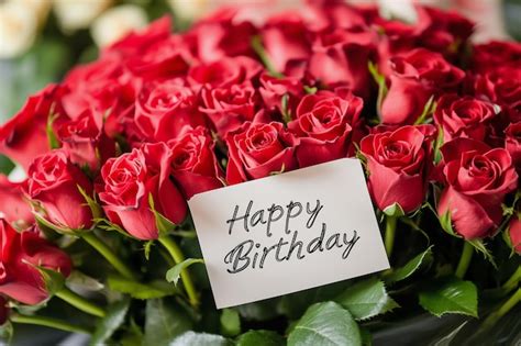 A Bouquet Of Red Roses With A Card That Says Happy Birthday Premium