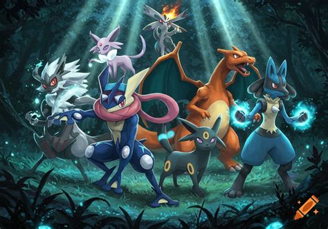 Greninja Espeon Umbreon Charizard Lycanroc And Lucario Pose In A