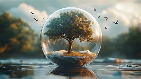 Encapsulated Tree Birds Flying Nature Backdrop Environmental Concept