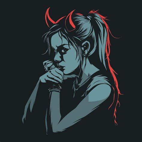 Premium Vector Vector Anime Demon Girl With Horns And Hand On Chin