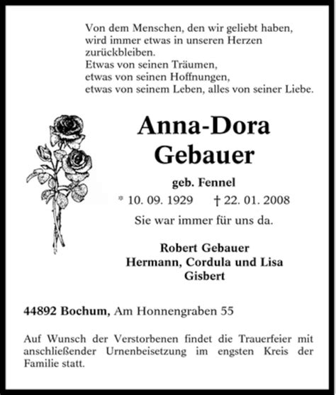 Traueranzeigen Von Anna Dora Gebauer Trauer In Nrwde