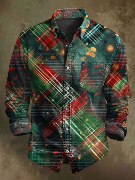 Vintage Plaid Print Christmas Casual Long Sleeve Shirt Luckkyman