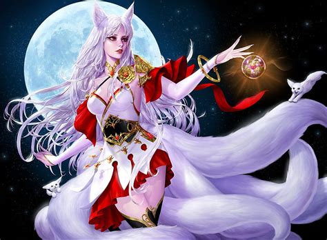 White Nine Tailed Fox Female Anime Original Girl Sword Kitsune White