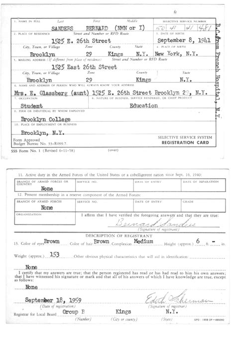 Bernard Sanders Selective Service Draft Card And Selective Service
