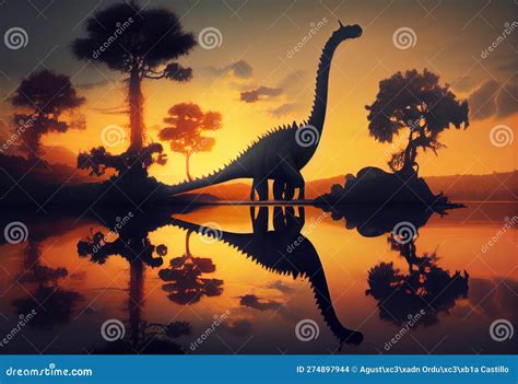 Brachiosaurus Dinosaur At Sunset By The Lake Stock Illustration