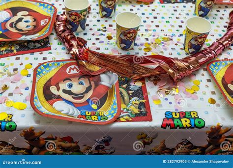 Beautiful View Of Served Table With Mario Theme Decoration Prepared For Party Editorial Image