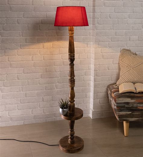 Buy Classic Round Mabel Black Finish Wooden Floor Lamp With Red Shade
