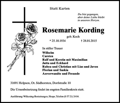 Traueranzeigen Von Rosemarie Kording Trauer Anzeigende