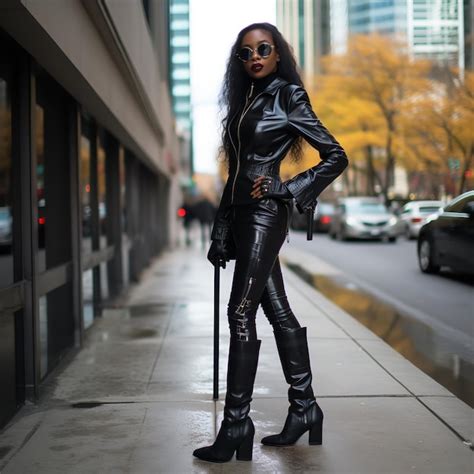 Premium Photo A Model Poses On The Street With Black Boots And A