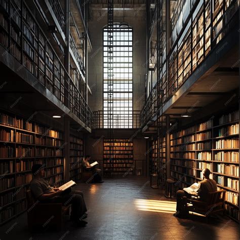 A Prison Library With Shelves Of Books And A Few Inmates Quietly