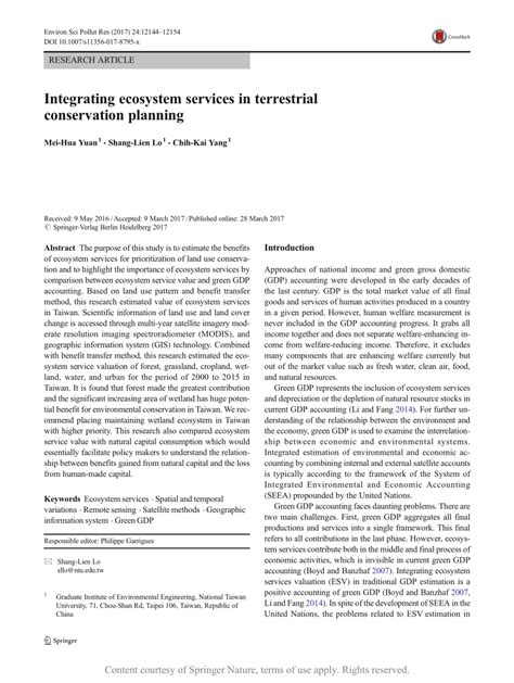 Integrating Ecosystem Services In Terrestrial Conservation Planning