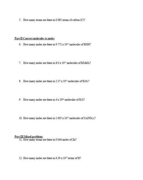 Mole Conversion Problems Worksheet Printable Pdf Template