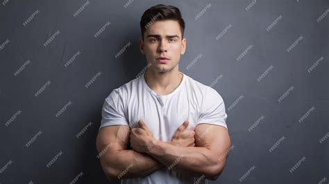 Premium Photo Self Assertive Serious Young Guy Keeps Muscular Arms