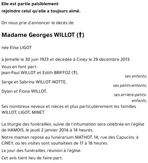 Avis De Décès De Georges Willot Décédé Le 29122013 à Ciney