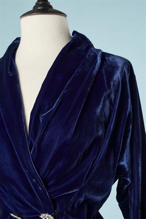Night Blue Silk Velvet Cocktail Skit Suit With Rhinestone Buttons Circa