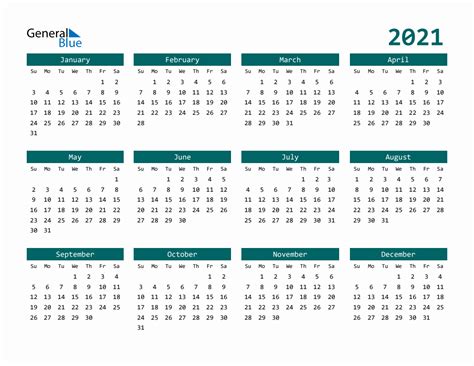 2021 Full Year Calendar