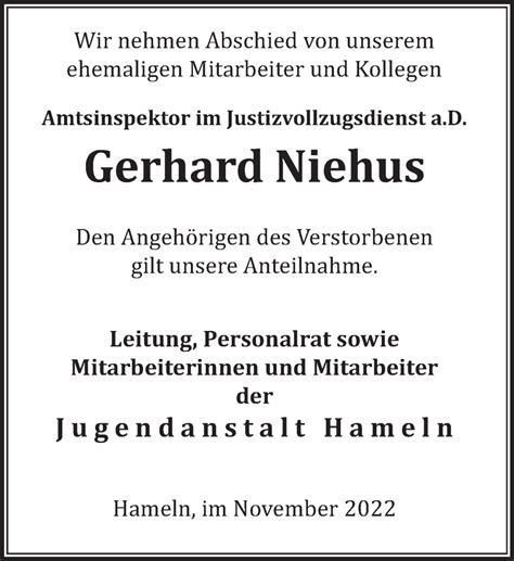 Traueranzeigen Von Gerhard Niehus Trauerportal Ihrer Tageszeitung
