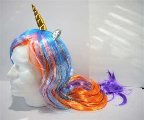 Rainbow Unicorn Wig 23” L With Gold Horn 375” H And Glitter Silver Ears