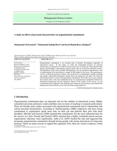 Pdf A Study On Effects Of Personal Characteristics On Organizational