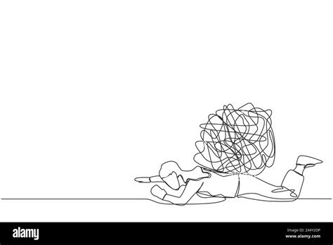 Continuous One Line Drawing Unhappy Businesswoman Under Heavy Messy Line Burden Problem In