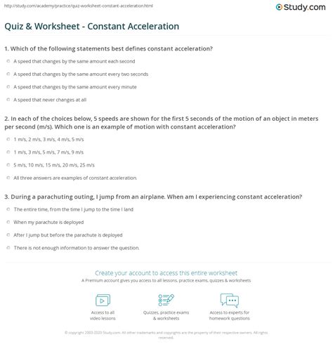 Quiz And Worksheet Constant Acceleration