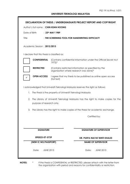 Declaration Of Thesis Undergraduate Project Report And Fke