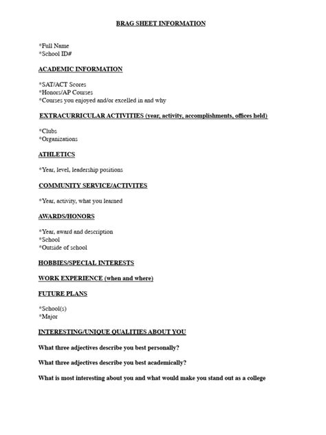 Brag Sheet Template Pdf