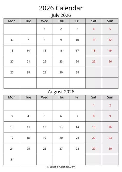 Download 2026 July August Calendar Week Start On Monday