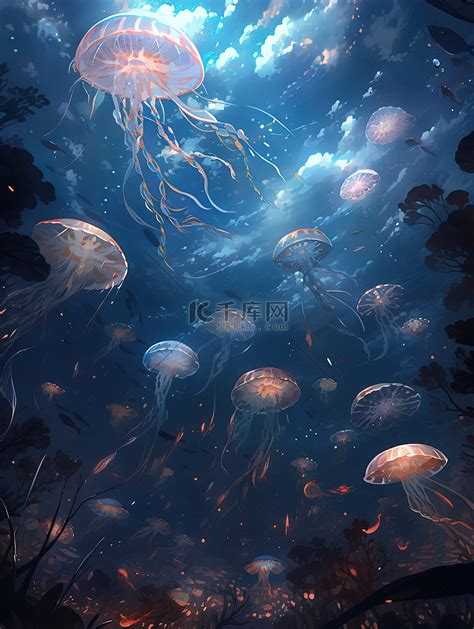 水下世界彩色水母的海洋19插画图片 千库网