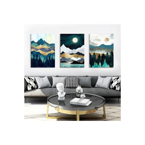 Dokusal Modern Şekiller Doğa Temalı Dekoratif 3lü Set Kanvas Tablo Kolaj Tasarım