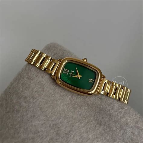 Green Dial Gold Watch For Women Minimalist Rectangle Watch