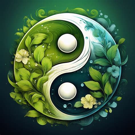 Yin And Yang With Green Leaves And Flowers Stock Illustration