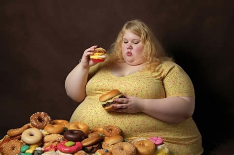 Premium Photo An Obese Woman Eating Junk Food Generative Ai