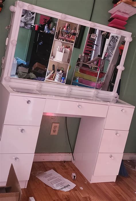 30mo Finance Boahaus Yara Makeup Vanity Desk With Hollywood Vanity Mirror Lights 7 Drawers