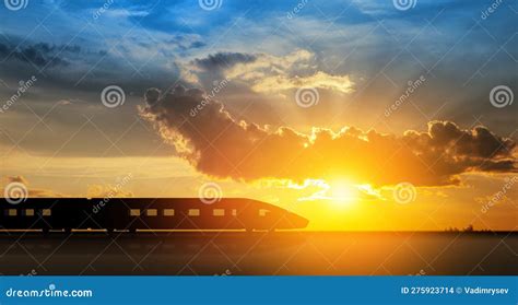 High Speed Train Silhouette In Motion At Sunset Fast Moving Modern