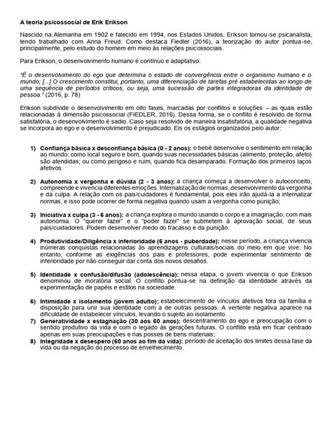 A Teoria Psicossocial De Erik Erikson Pdf Psicologia Social
