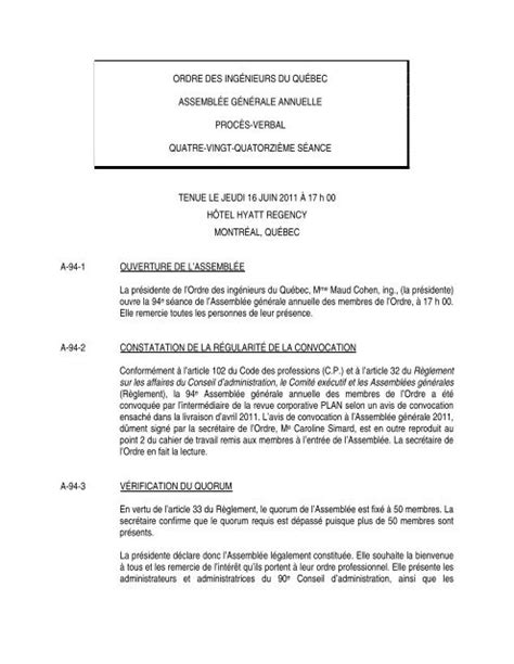 Procès Verbal De Lassemblée Générale Annuelle 2011 Ordre Des