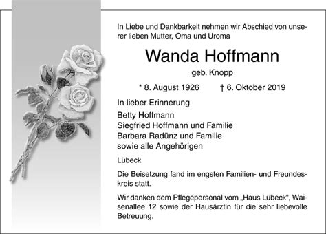 Traueranzeigen Von Wanda Hoffmann Trauer Anzeigen De