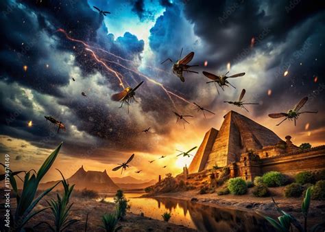 Double Exposure Biblical Plagues Of Egypt Locusts And Darkness Stock
