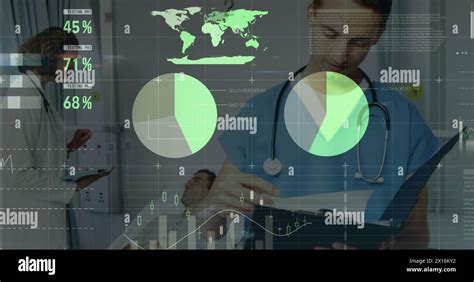 Image Of Data Processing Over Caucasian Female Doctor And Male Nurse With Patient Talking Stock