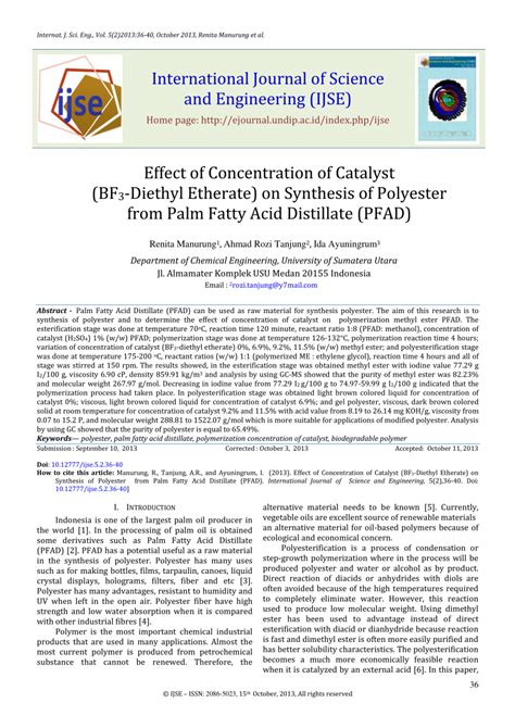 Pdf Effect Of Concentration Of Catalyst Bf3 Diethyl Etherate On
