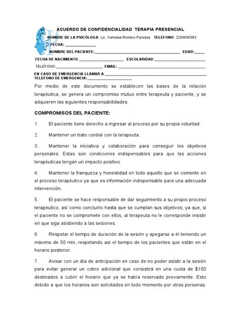 Acuerdo De Confidencialidad Pdf Psicoterapia Sicología