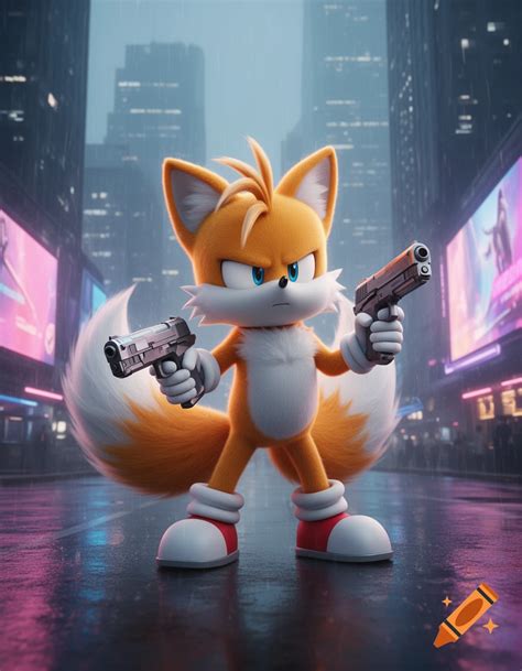 Tails The Orange Fox Character Stands Defiantly In A Rainy City