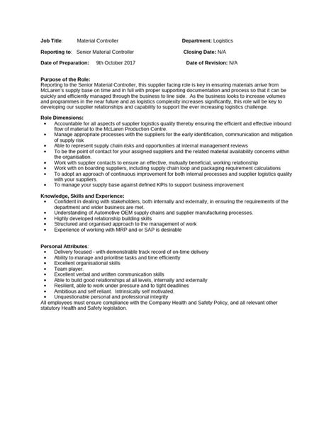 Material Controller Pdf Supply Chain Logistics