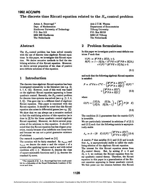 The Discrete Time Riccati Equation Related To The H Control Problem Pdf Equations Matrix