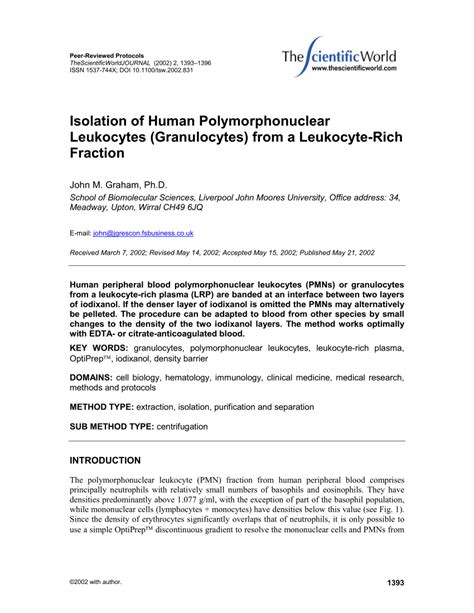 Pdf Isolation Of Human Polymorphonuclear Leukocytes Granulocytes From A Leukocyte Rich Fraction