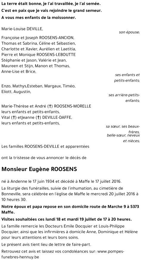 Avis De Décès De Eugène Roosens Décédé Le 17 07 2016 à Maffe Annonce Condoléances Fleurs