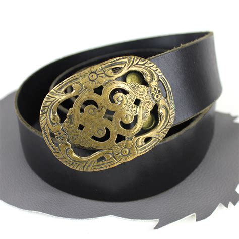 Brass Ornate Scroll Buckle On Black Leather Belt Size Us 37 38 39 Art