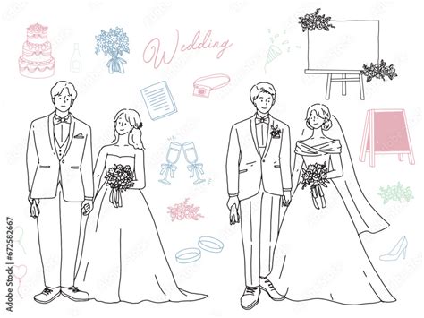 白黒、モノトーン、線画のイラスト結婚式、カップル、夫婦、招待状、ウェルカムボード、指輪、新生活、幸せ Illustrations Of Black And White Monotone