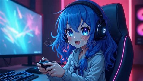 Cute Anime Girl Gaming With Headset And Controller Stock Illustration